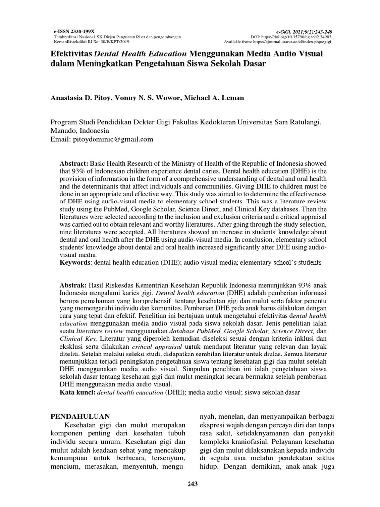 Efektivitas Dental Health Education Menggunakan Media Audio Visual ...