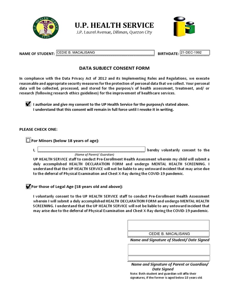 UP Health Service Consent Form | PDF | Consent | Physical Examination
