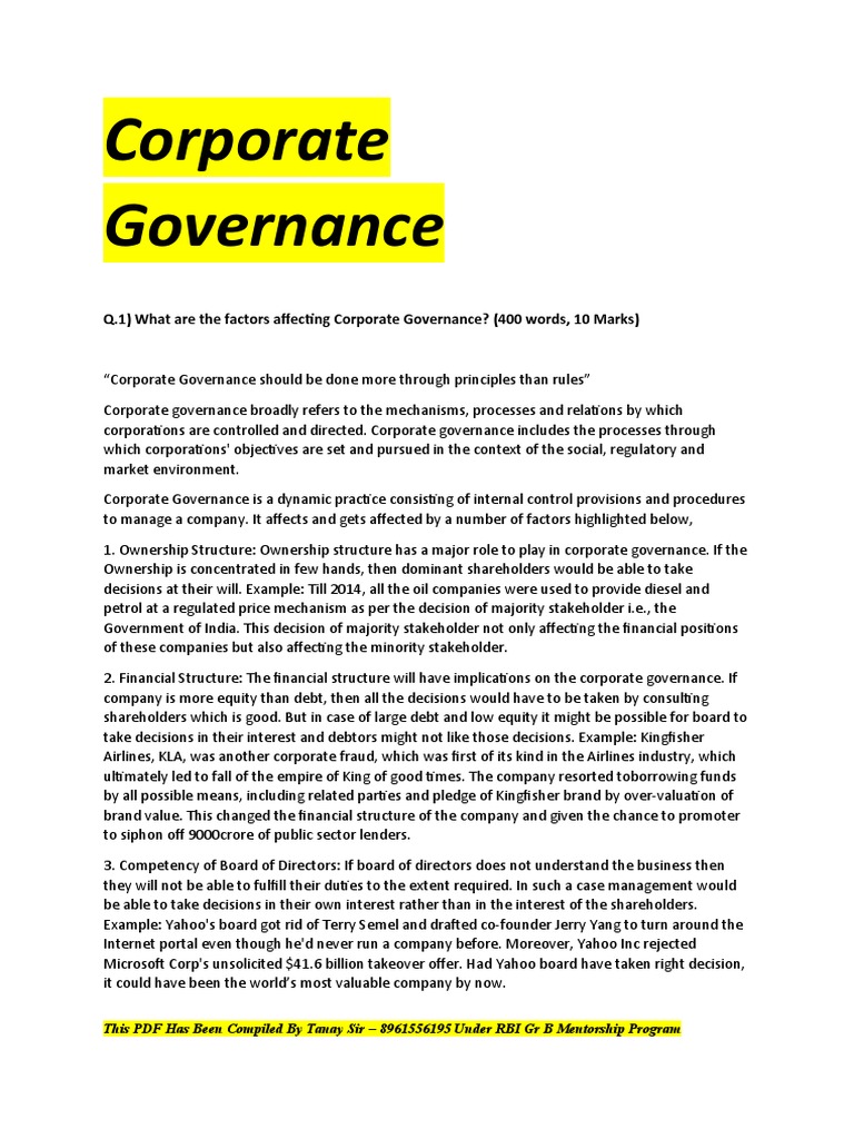 Corporate Governance: Q.1) What Are The Factors Affecting Corporate Governance? (400 Words, 10 ...