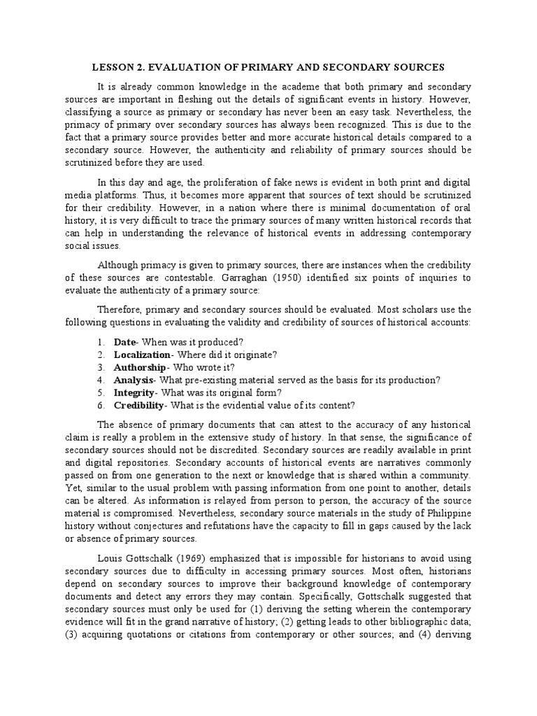 Lesson 2. Evaluation of Primary and Secondary Sources | PDF | Primary ...