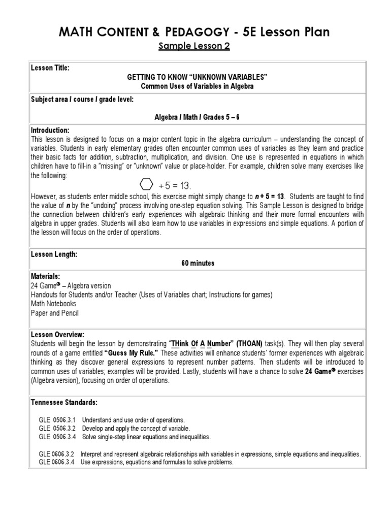 5 E Lesson Plan - Getting To Know Unknown Variables | PDF | Equations ...