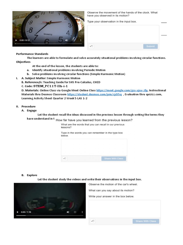 Pre-Cal Q2 W5 Simple Harmonic Motion | PDF | Oscillation | Teachers