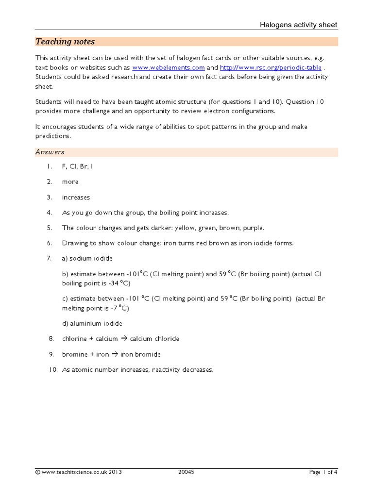 Halogens worksheet | PDF | Chlorine | Iodine