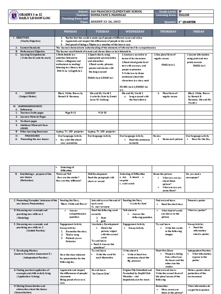 GRADES 1 To 12 Daily Lesson Log AUGUST 22-26, 2022: Monday Tuesday Wednesday Thursday Friday ...
