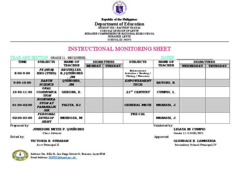 Instructional Monitoring Sheet: Department of Education | PDF