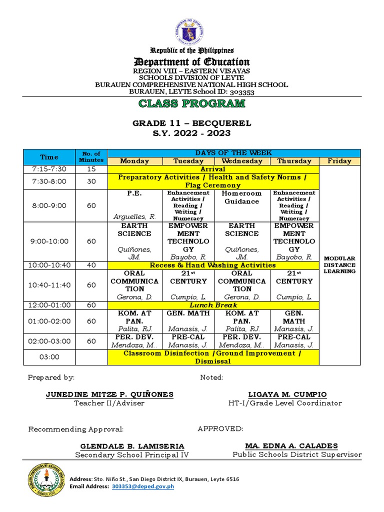 1ST - Semester Class Program 2022-2023 | PDF | Educational Institutions | Schools