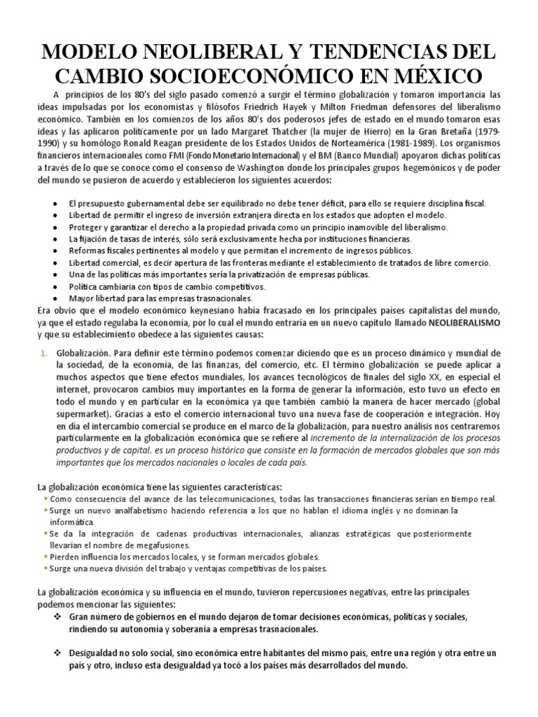 Modelo Neoliberal y Tendencias Del Cambio Socioeconómico en México | PDF | Neoliberalismo ...