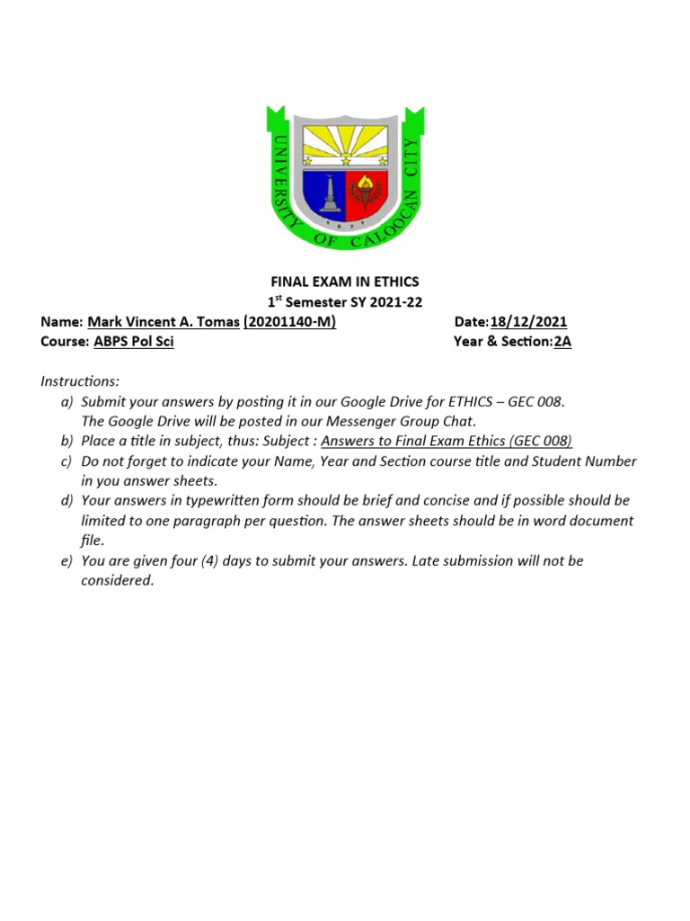 Answers To Final Exam Ethics (GEC 008) | PDF | Reason | Truth