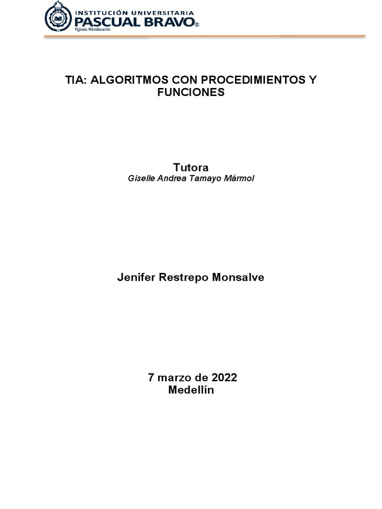 TIA - Algoritmos Con Procedimientos y Funciones | PDF | Prueba ...