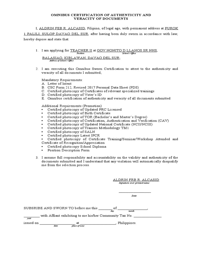 Omnibus Certification of Authenticity and Veracity of Documents | PDF ...