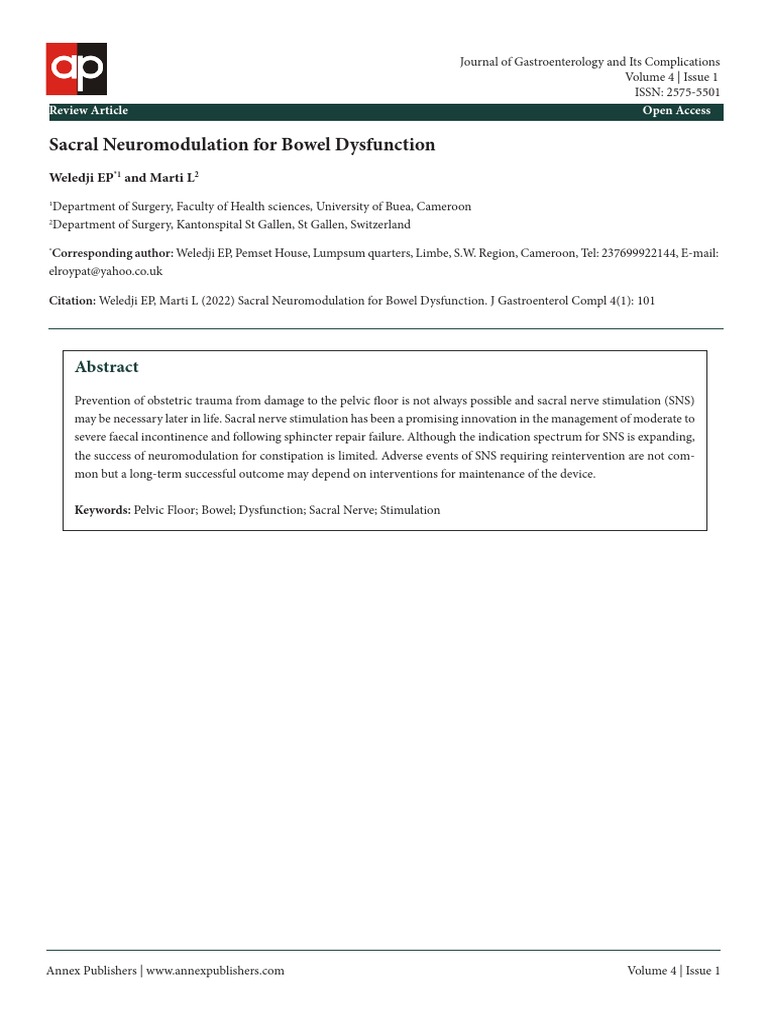 Sacral Neuromodulation For Bowel Dysfunction: Weledji EP and Marti L ...