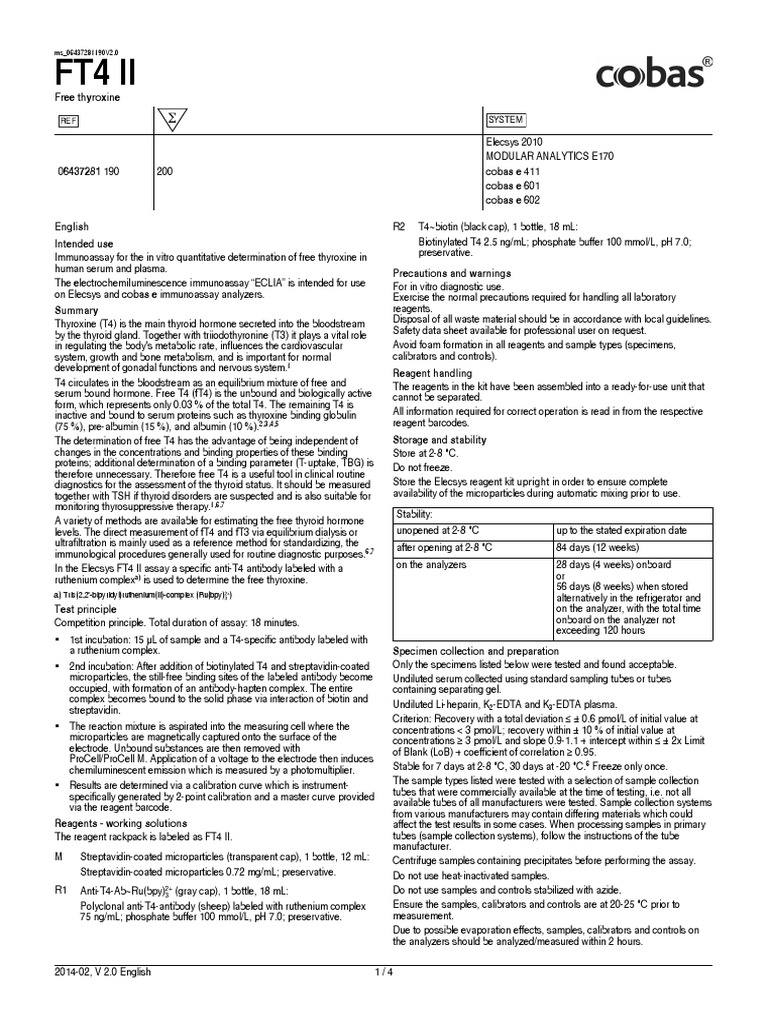 Ft4 Ii: Free Thyroxine | PDF | Detection Limit | Chemistry