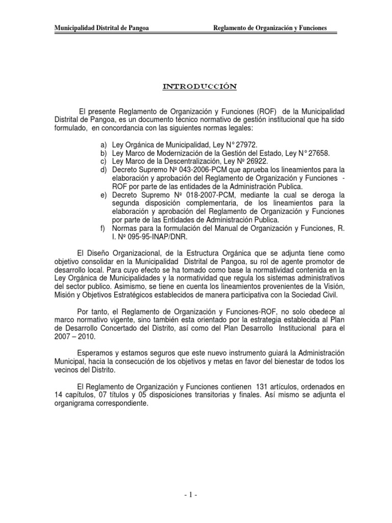 Reglamento de Organización y Funciones (ROF) | PDF | Alcalde | Gobierno local