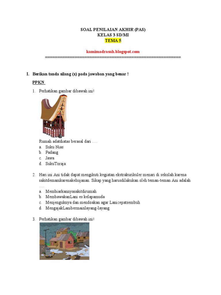 Soal UAS-PAS Kelas 3 Tema 5 - Kamimadrasah | PDF | Seni & Disiplin Bahasa