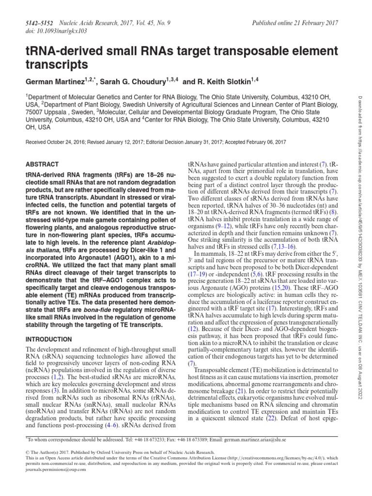 tRNA-derived Small RNAs Target Transposable Element Transcripts | PDF | Rna | Micro Rna