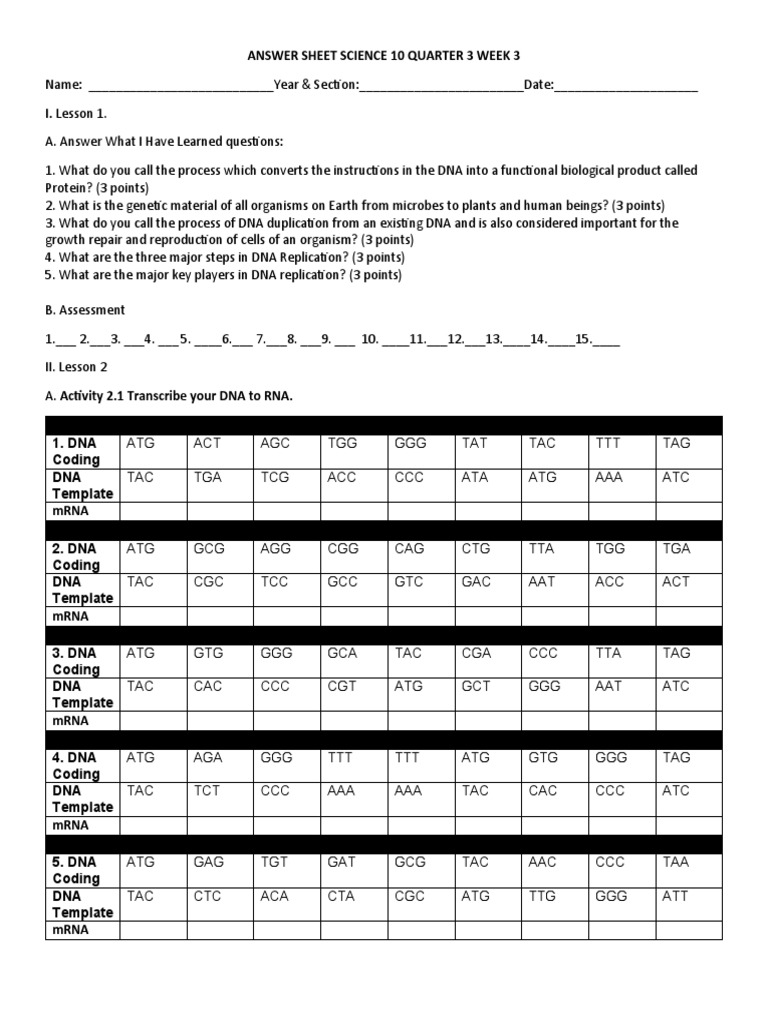 Science 10 Quarter 3 Week 3 Answers | PDF | Dna | Biomolecules