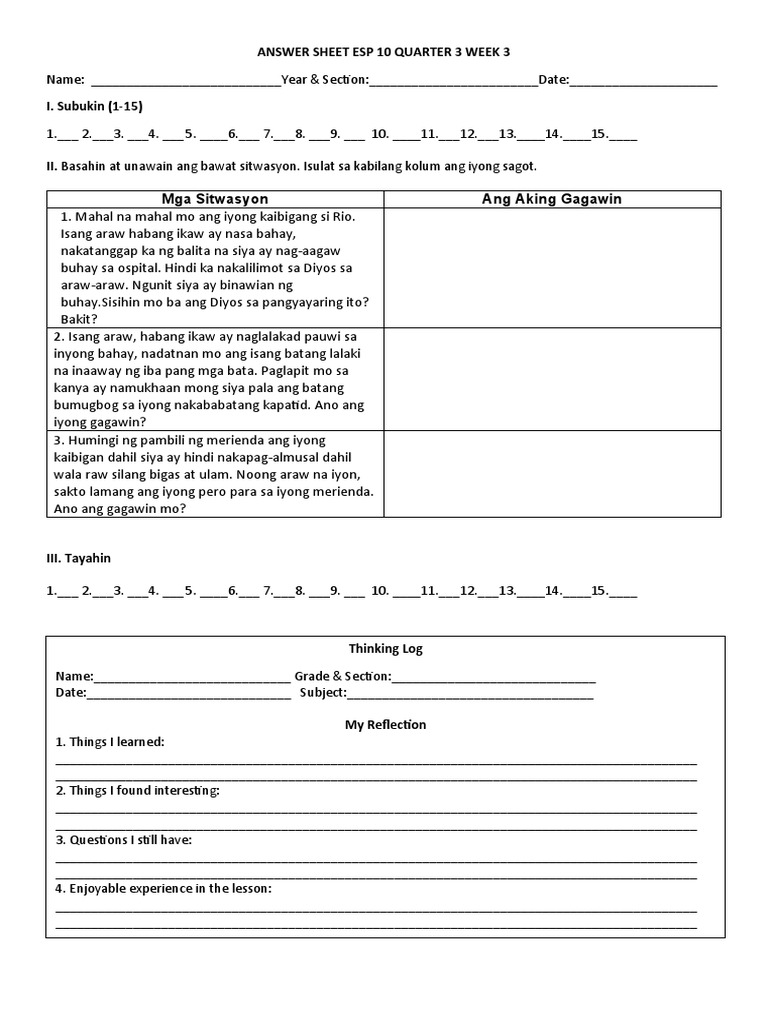 Answer Sheet Esp 10 Quarter 3 Week 3 | PDF