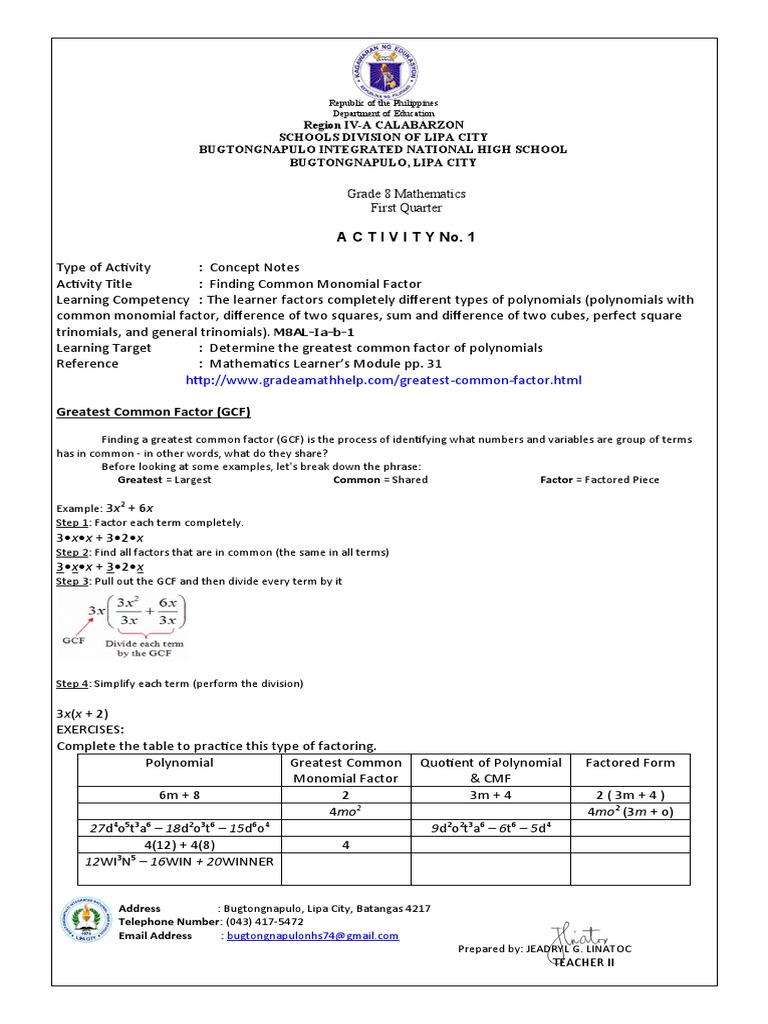 Grade 8 Polynomial Factoring Guide | PDF | Factorization | Polynomial