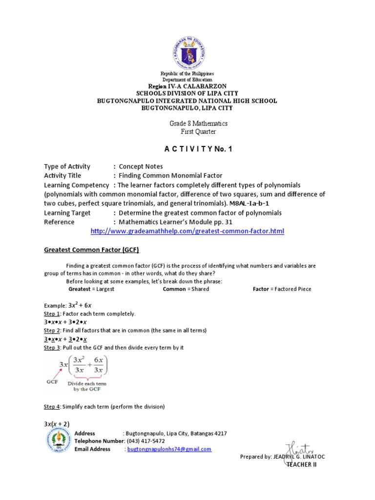 Activityno.1: Grade 8 Mathematics First Quarter | PDF | Factorization | Polynomial
