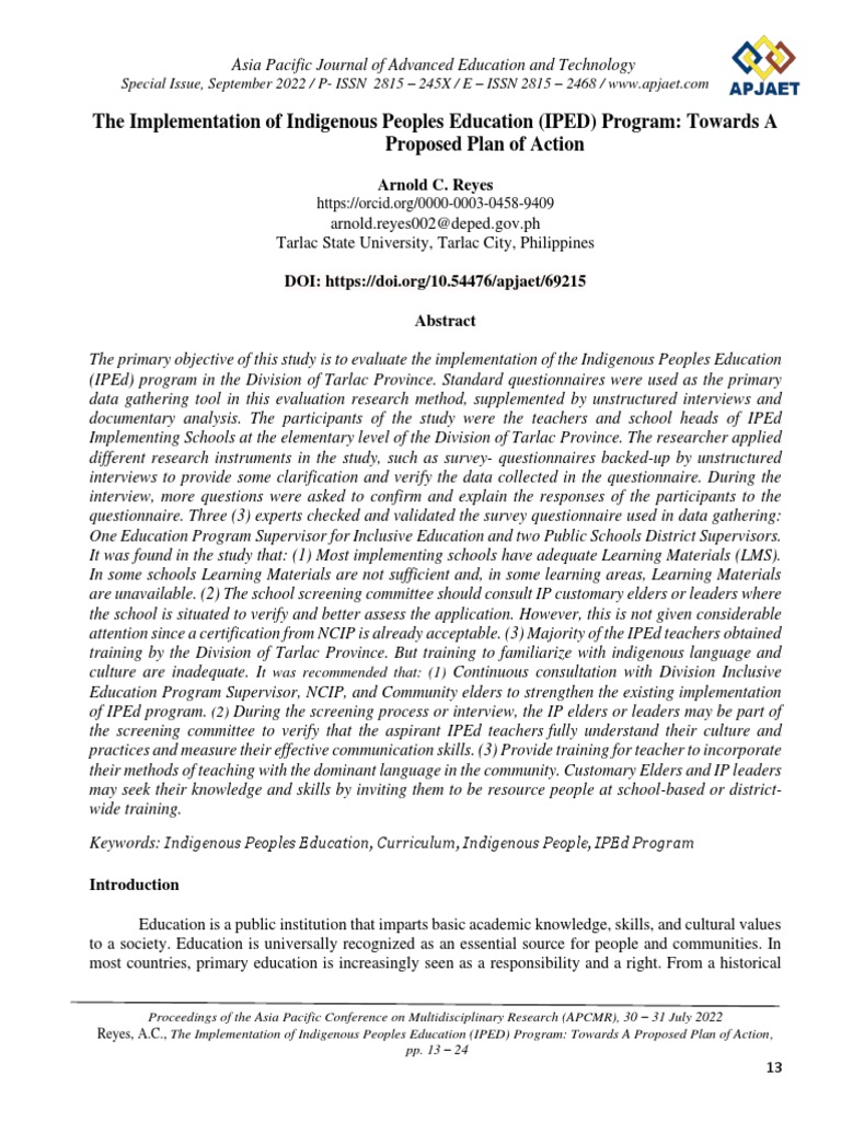 The Implementation of Indigenous Peoples Education (IPED) Program ...