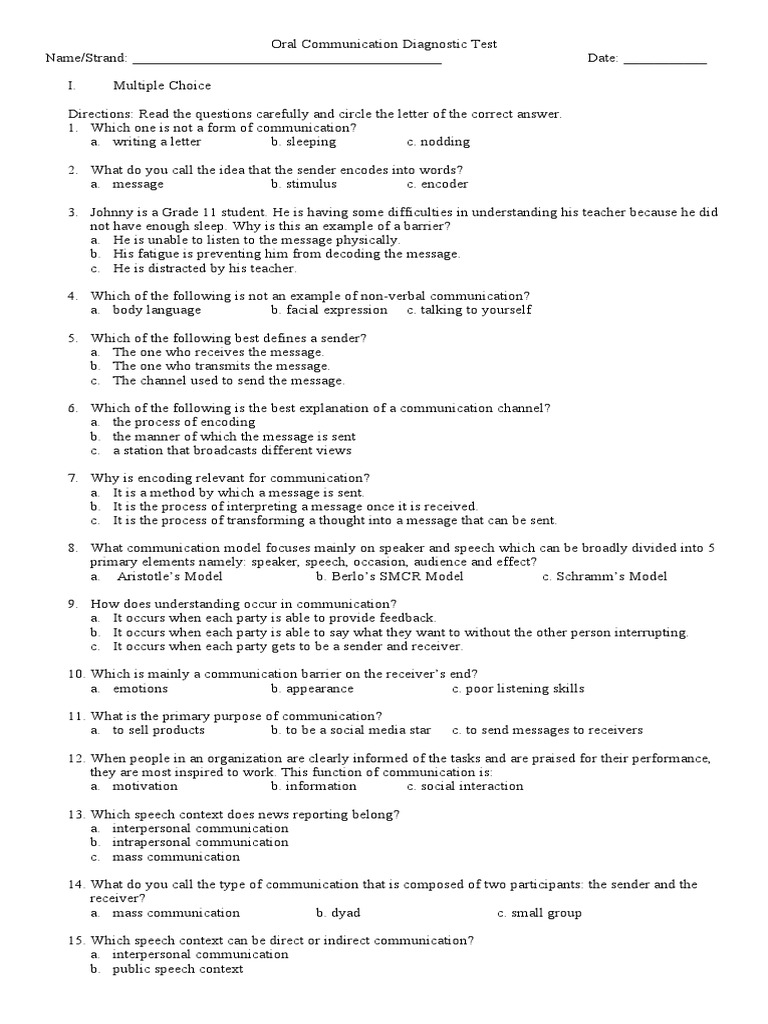 Diagnostic Test ORAL COMM | PDF | Communication | Nonverbal Communication