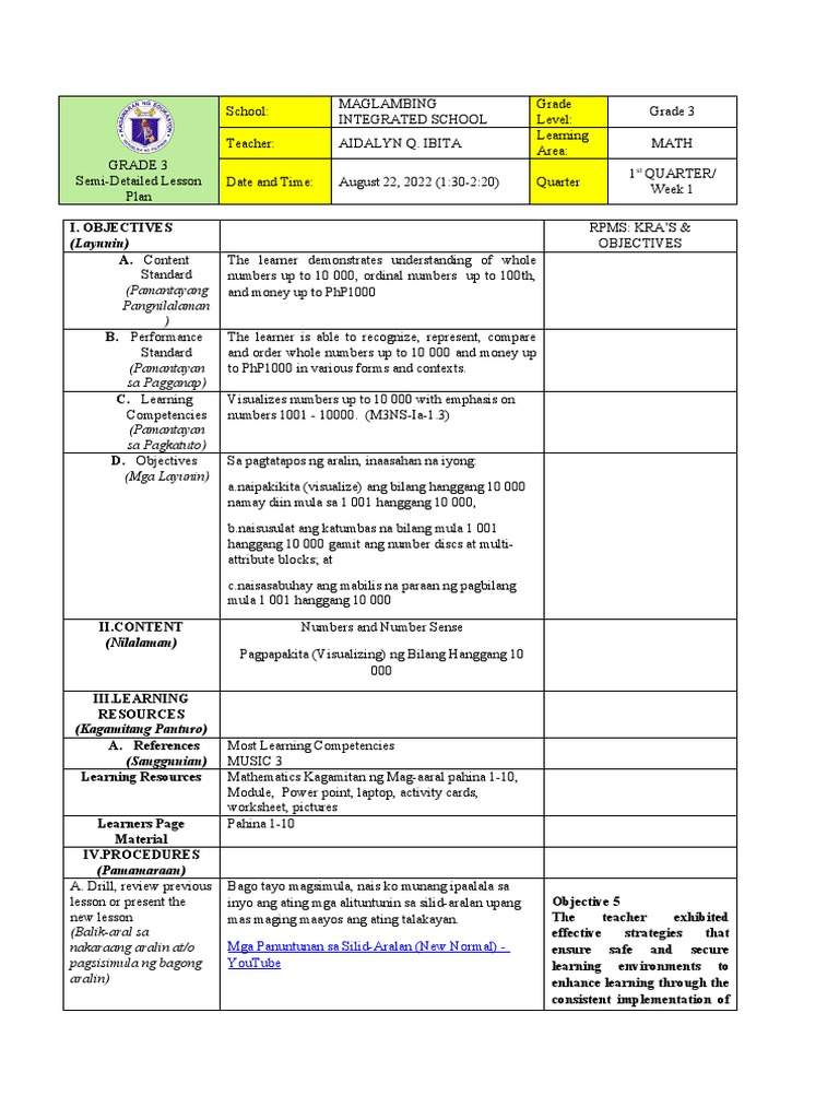 MATH 1 Ibita Lesson Plan Week 1 | PDF