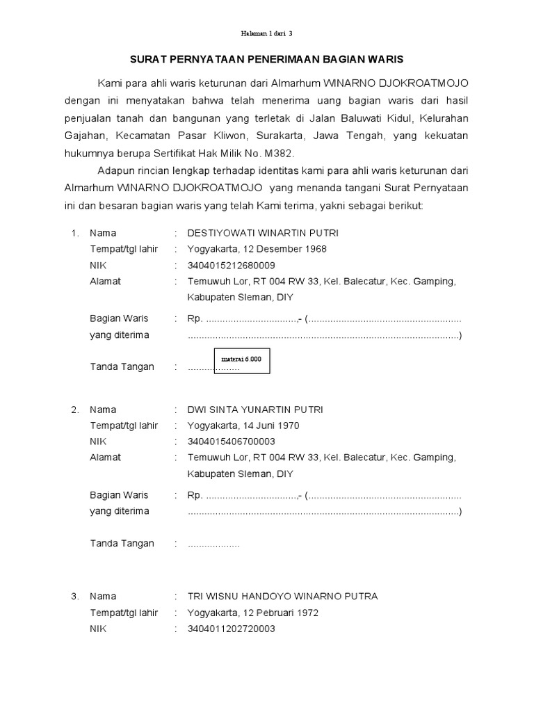 Pernyataan Penerimaan Bagian WARIS Trah WINARNO | PDF