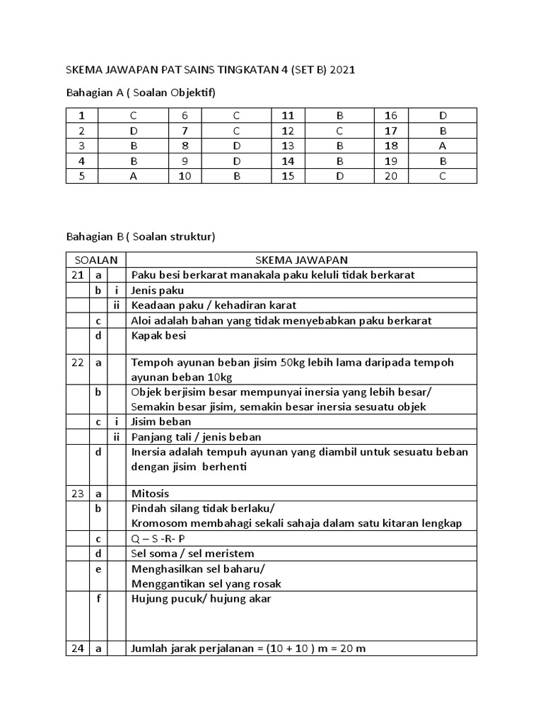 Skema Jawapan Pat Sains (B) Tingkatan 4 | PDF