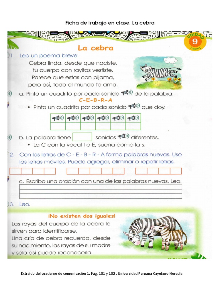 Ficha de Trabajo en Clase - La Cebra | PDF | Artes del Lenguaje y ...