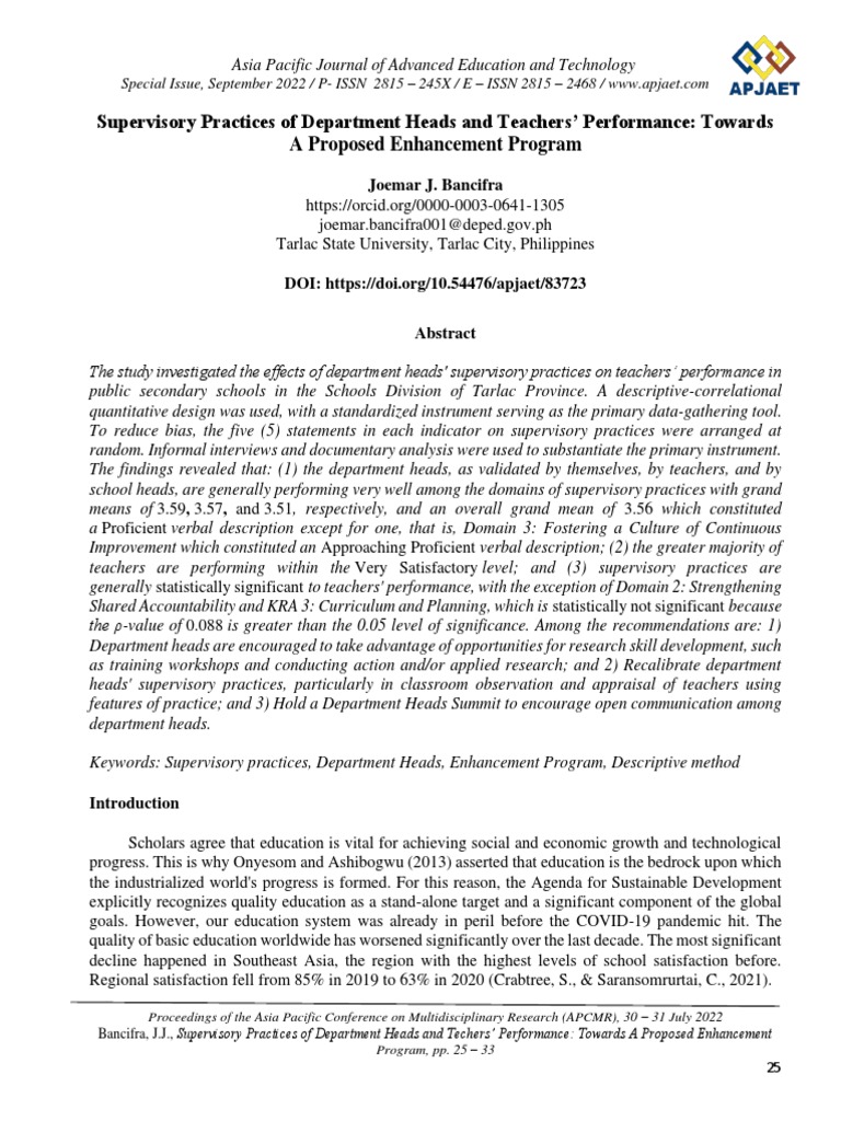 Supervisory Practices of Department Heads and Teachers' Performance Towards A Proposed ...