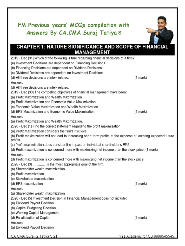 FM PY MCQs by CA CMA Suraj Tatiya | PDF | Beta (Finance) | Net Present Value