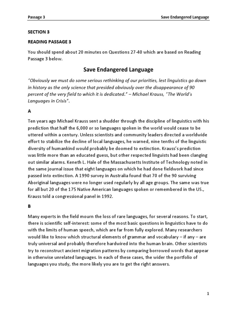 15 Passage 3 - Save Endangered Language Q27-40 | PDF | Linguistics | Extinction