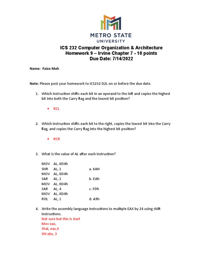 Ics 232 Computer Organization And Architecture Homework 9 Irvine Chapter 7 10 Points Due Date