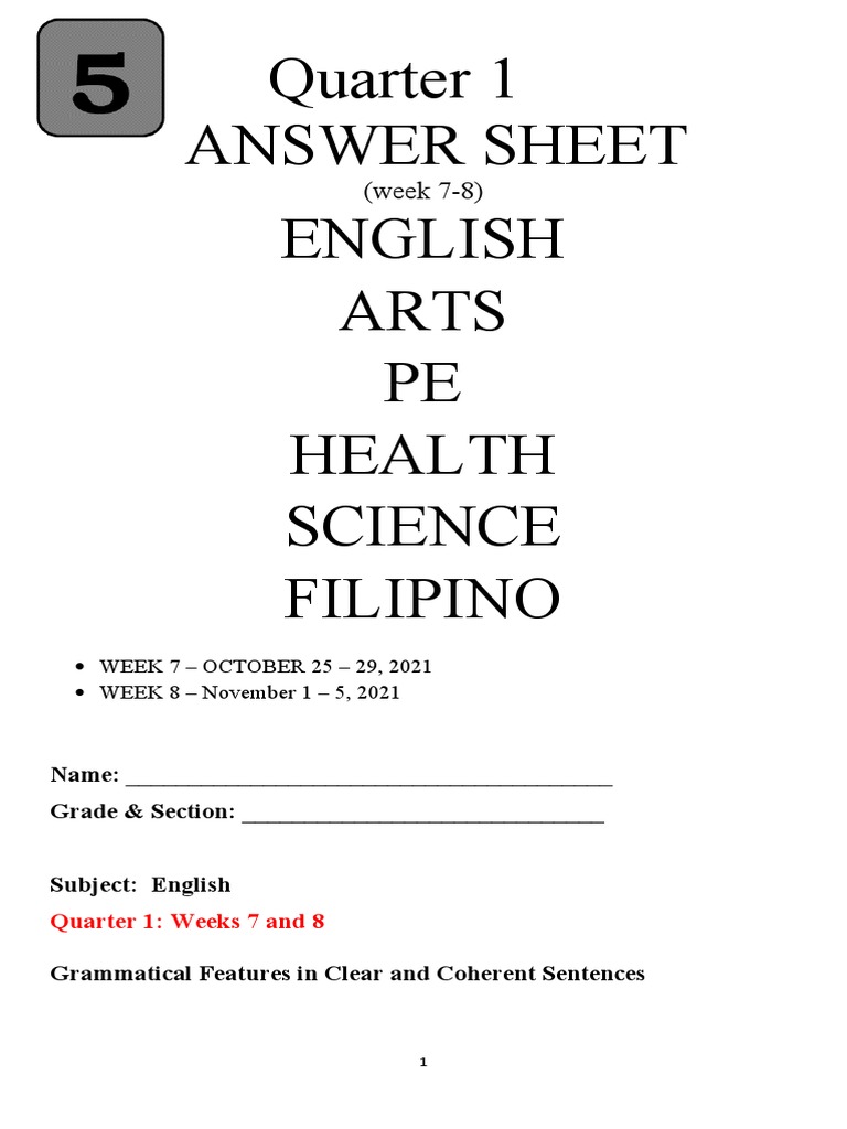 Quarter 1 Answer Sheet English Arts PE Health Science Filipino ...