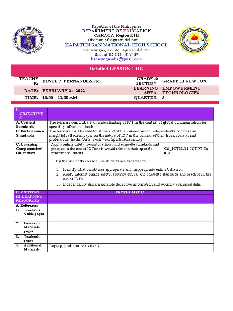 Lesson Plan Cot 2 Empowerment Technologies Final | PDF | Educational ...