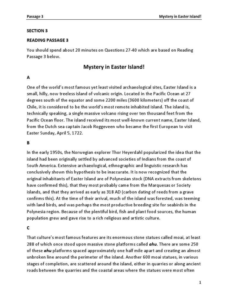 16 Passage 3 - Mystery in Easter Island Q27-40 | PDF