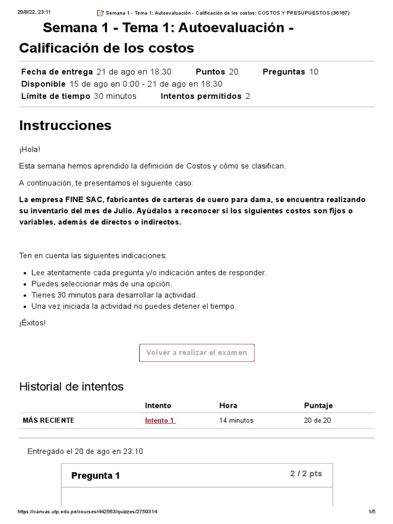 ? Semana 1 - Tema 1_ Autoevaluación - Calificación de los costos_ COSTOS Y PRESUPUESTOS (36167 ...