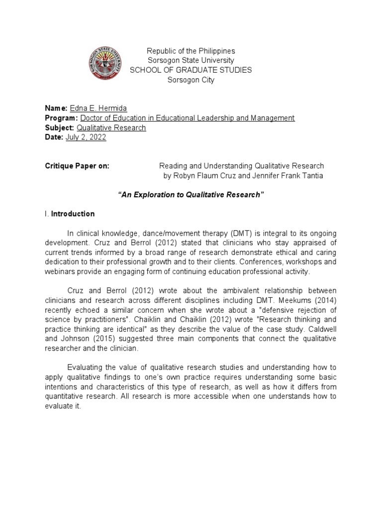 Sample Critique Paper | PDF | Qualitative Research | Cognition