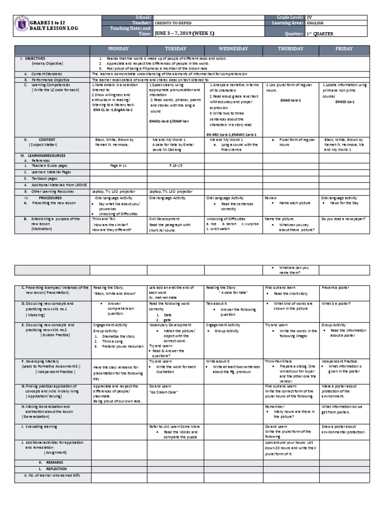 DLL Quarter 1 Week 1 ENGLISH 4 | PDF | English Language | Cognitive Science