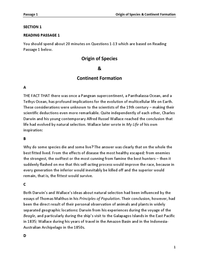 22 Passage 1 - Origin of Species - Continent Formation Q1-13 | PDF ...