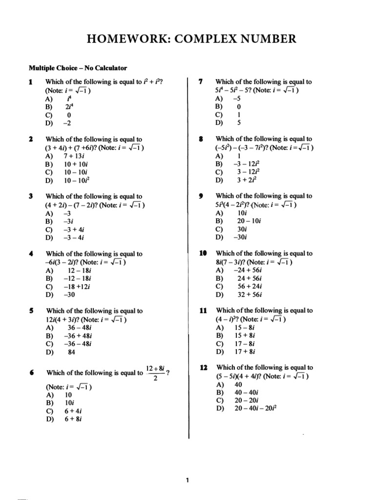 Homework Complex Number Multiple Choice No Calculator 1 7 Pdf 