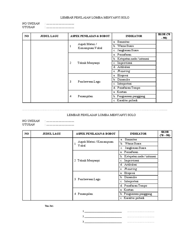 Lembar Penilaian Lomba Menyanyi Solo | PDF