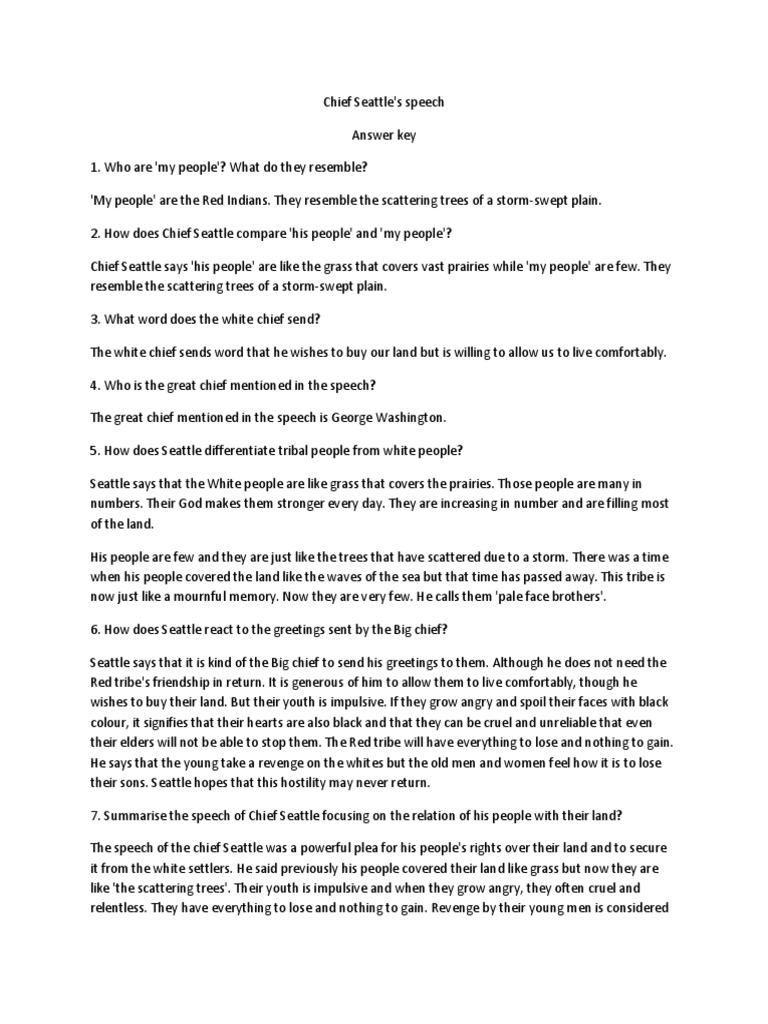 Chief Seattle's Speech Answer Key | PDF | Native Americans In The ...
