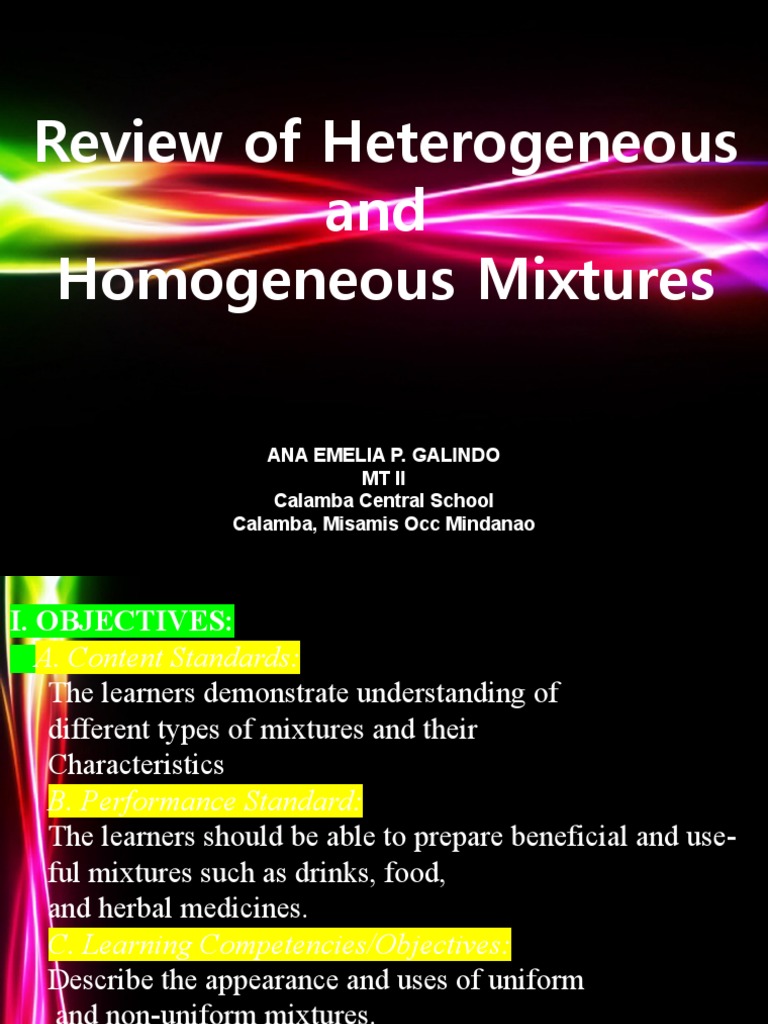 Review of Heterogeneous and Homogeneous Mixtures | PDF | Mixture ...