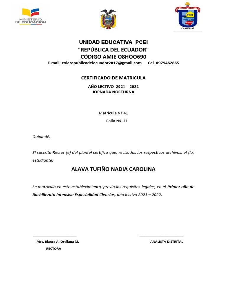 FORMATO CERTIFICADO MATRÍCULA | PDF