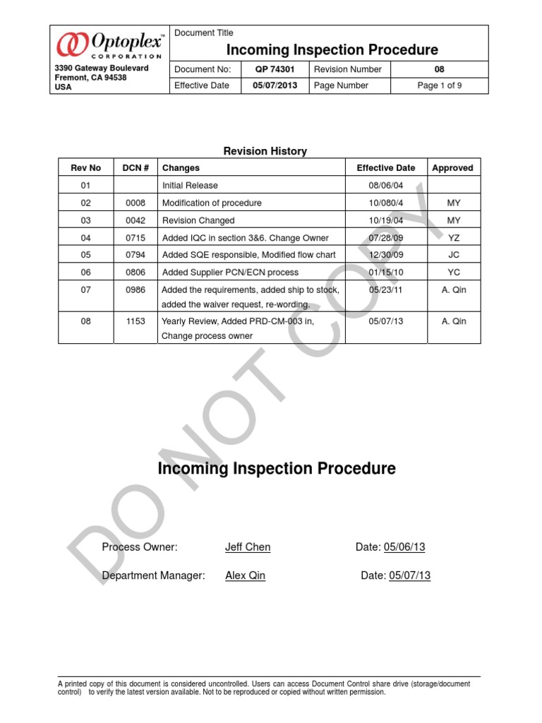QP 74301 Rev 08 Incoming Inspection Procedure | PDF | Warehouse | Specification (Technical Standard)