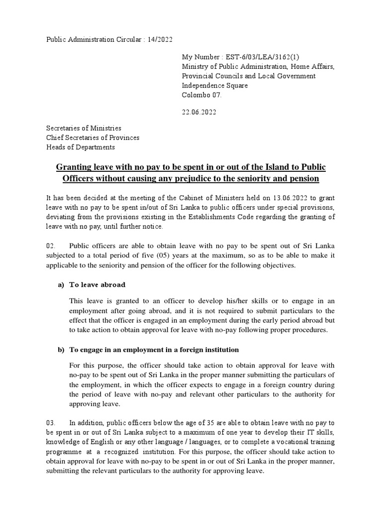 05 Years Leave Circular-2022-E | PDF | Pension | Remittance