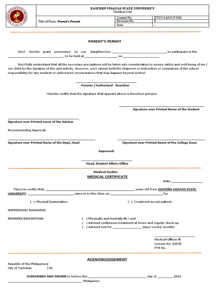 Parent'S Permit: Tacloban City Title of Form: Parent's Permit Control No. EVSU-SASO-F-026 ...