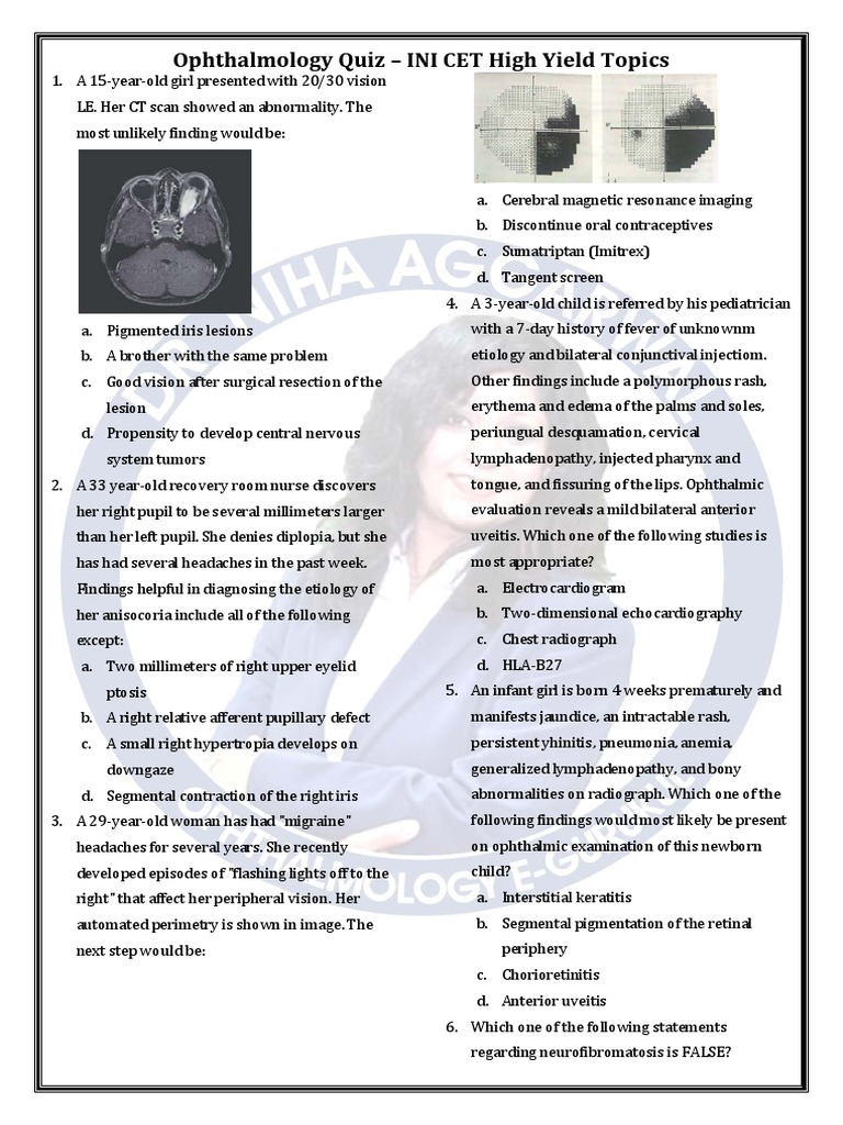 Ophtha Quiz - INI CET High Yield Topics | PDF | Clinical Medicine | Diseases And Disorders