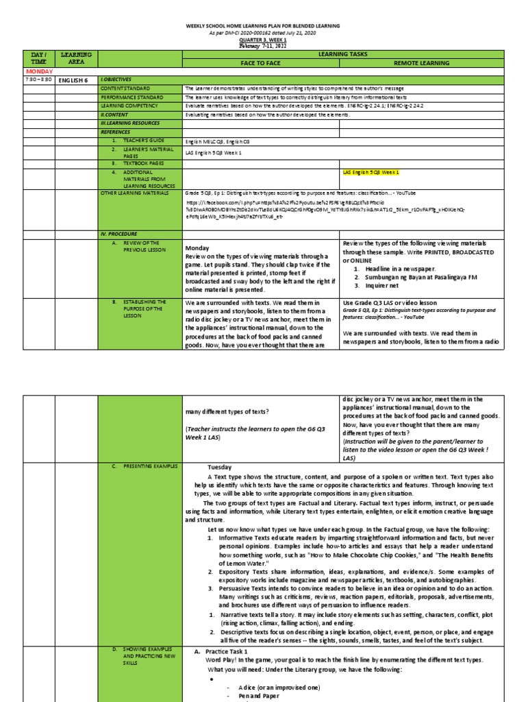 Weekly School Home Learning Plan For Blended Learning For Roll Out | PDF | Learning | Cognition